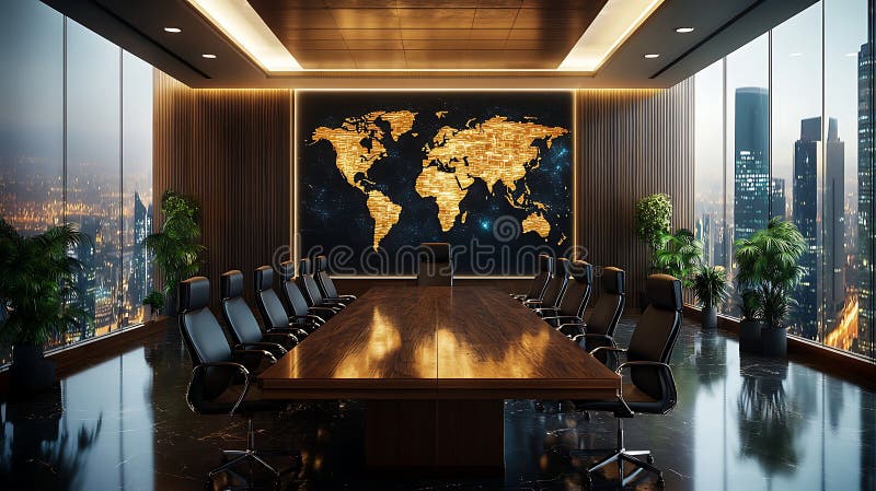 Modern Sleek Conference Room with World Map and City View Stock ...