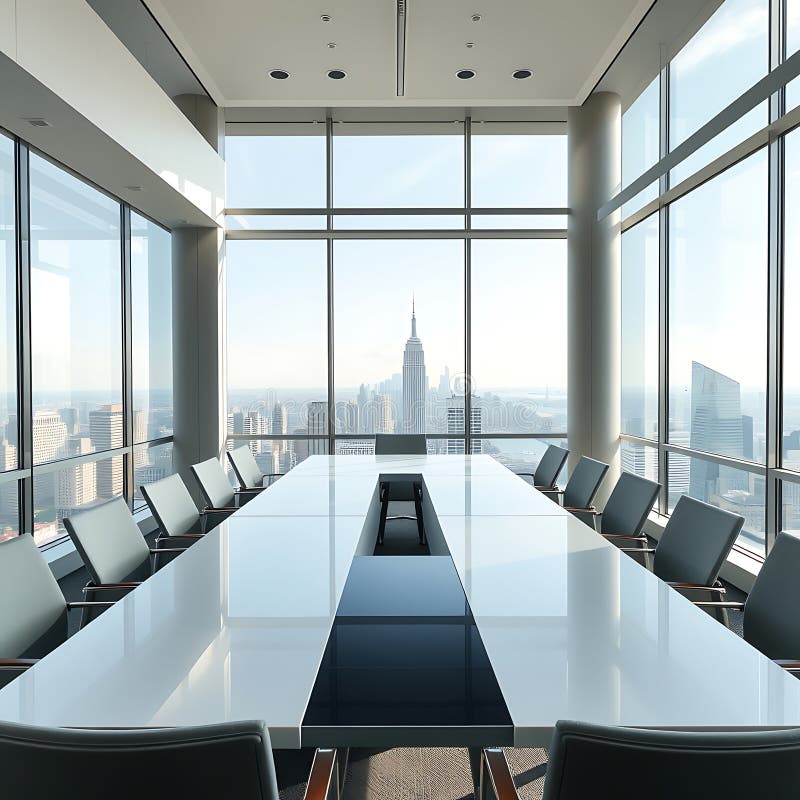 A Modern Sleek Conference Table in a High Rise Office with a City ...