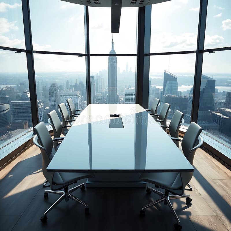 A Modern Sleek Conference Table in a High Rise Office with a City ...