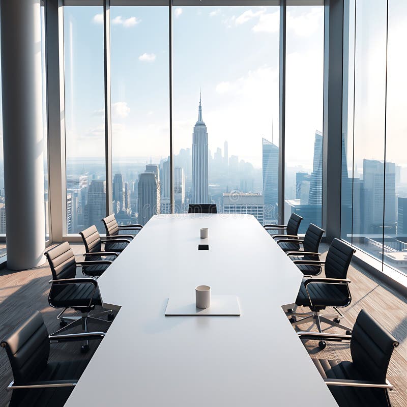 A Modern Sleek Conference Table in a High Rise Office with a City ...