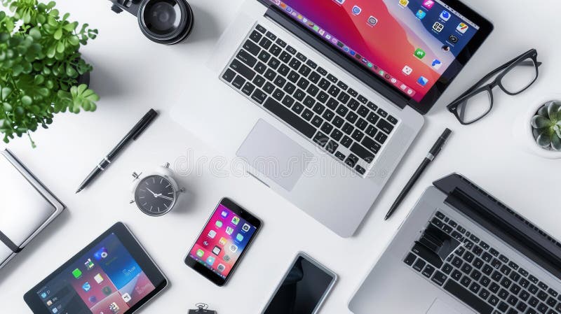 A Modern, Sleek Desk with Various Electronic Devices, Including Laptops ...