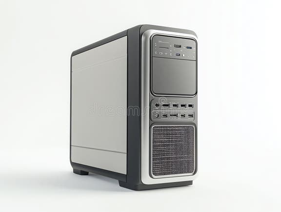A Modern, Sleek Desktop Computer Tower with a Silver and Black Finish, Isolated on a White ...