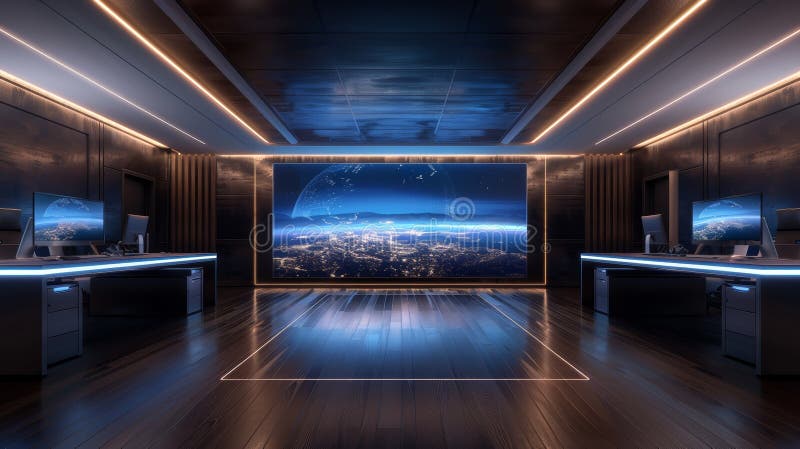 Modern, Sleek Futuristic Control Room with Illuminated Desks, Computers ...