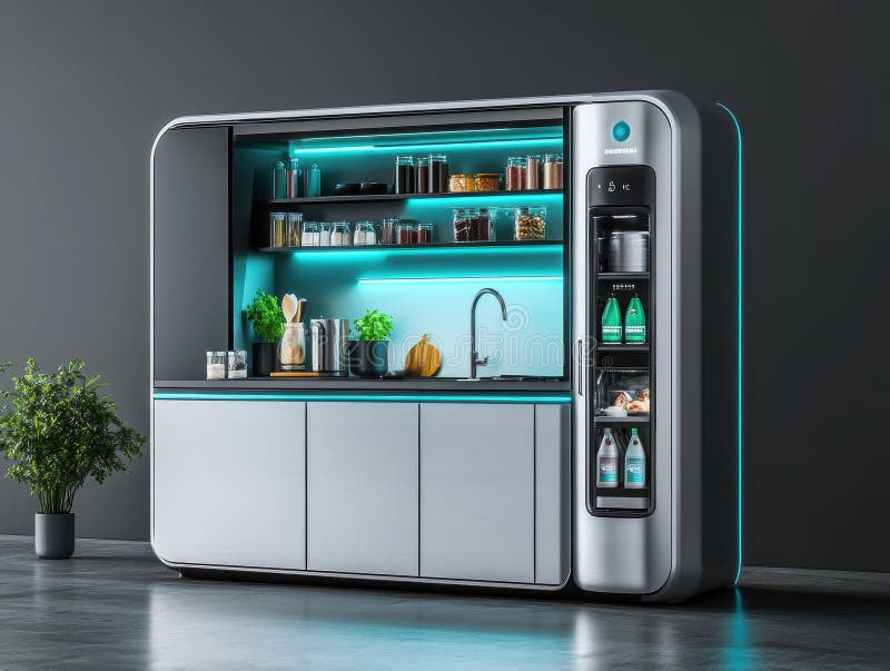 A Modern, Sleek Kitchen Showcases a High-end Refrigerator with ...