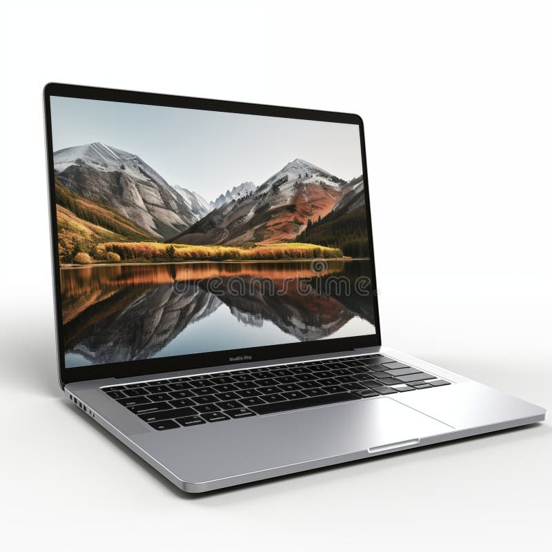 Modern Sleek Laptop with Scenic Mountain Wallpaper Display Stock ...