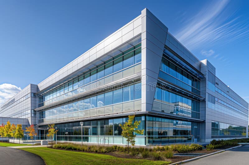 A Modern, Sleek Office Building with Large Glass Windows and a ...