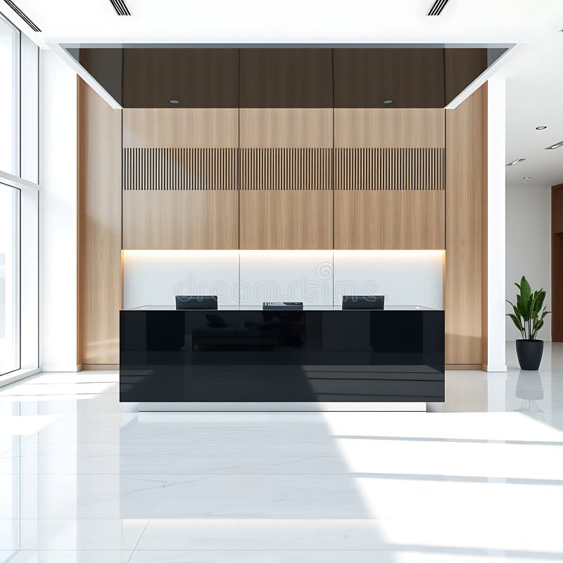A Modern Sleek Reception Desk with Clean Lines and Glass Featuring a ...