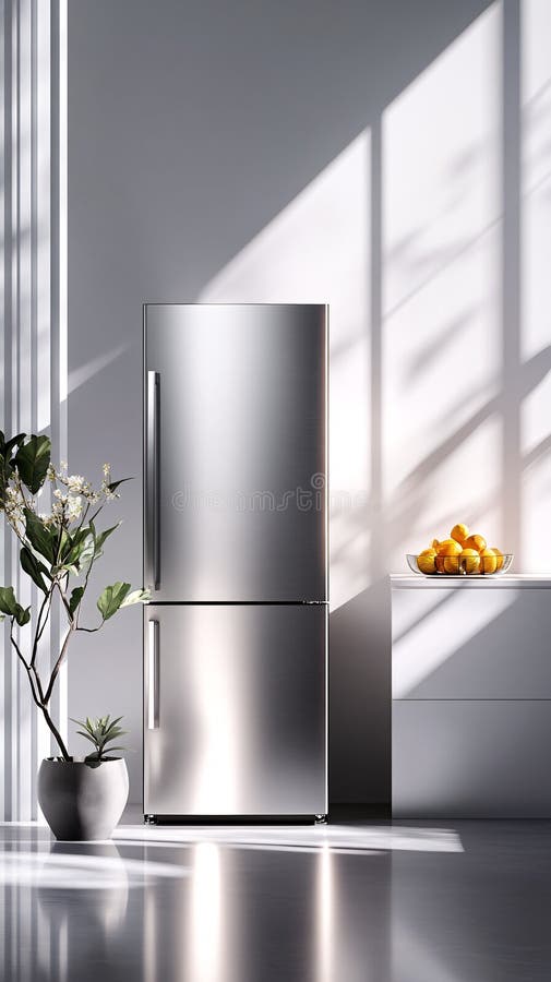 Modern Sleek Silver Refrigerator in Sunlit Minimalist Kitchen Scene ...