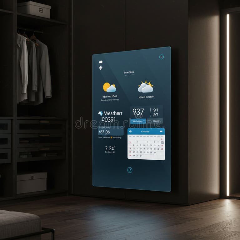 A Modern, Sleek Smart Mirror Display in a Dimly Lit Room Serves As an ...