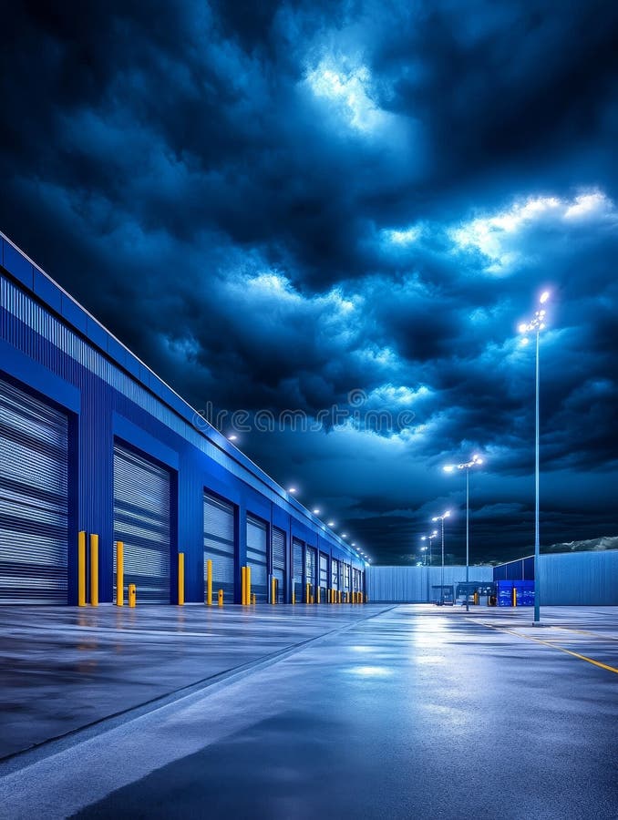 Modern Sleek Warehouse Facility at Night Night Scene Industrial ...