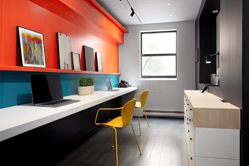 A Modern and Sleek Workspace with Clean Lines and Bold Colors Stock ...