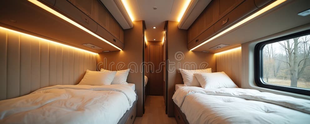 Modern Sleeper Bus Interior with Individual Pods. Comfortable Sleeping ...