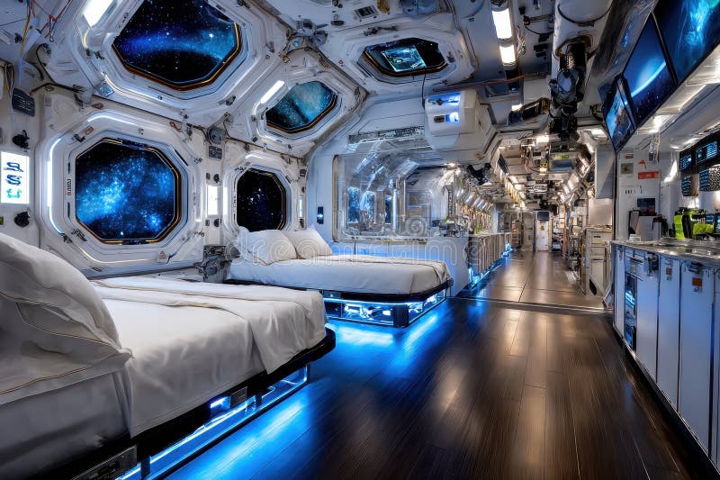 Modern Sleeping Quarters Inside a Futuristic Space Station with Starry ...