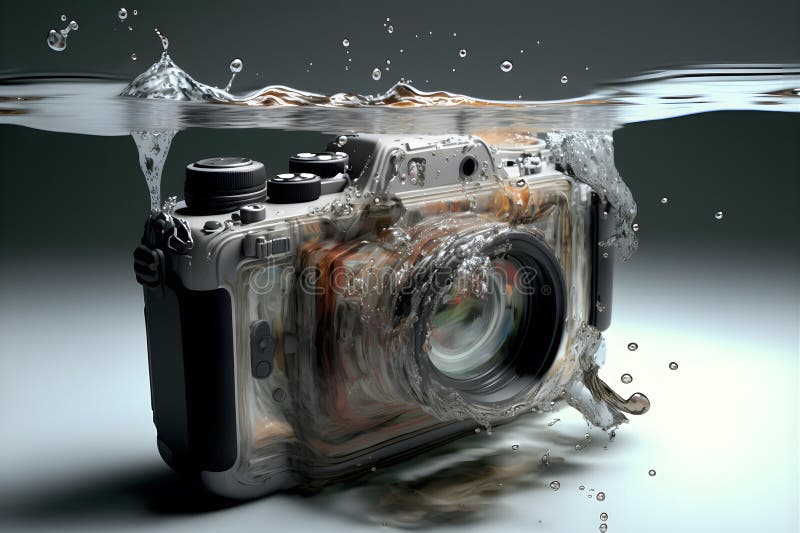 Modern SLR Photocamera Falling Under Water with Water Splashes. Neural ...