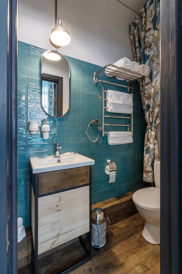 Modern Small Bathroom Interior Design. Blue Style Stock Photo - Image ...