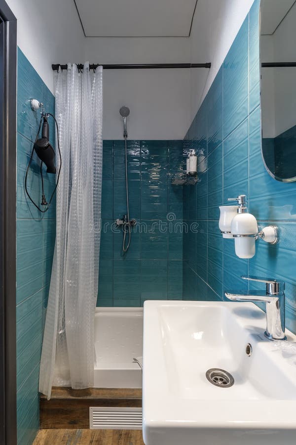 Modern Small Bathroom Interior Design. Blue Style Stock Photo - Image ...