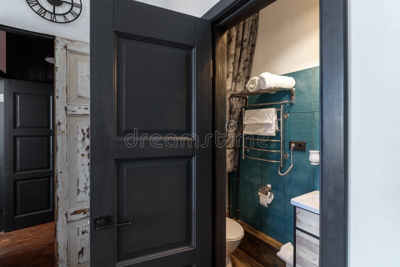 Modern Small Bathroom Interior Design. Blue Style Stock Image - Image ...