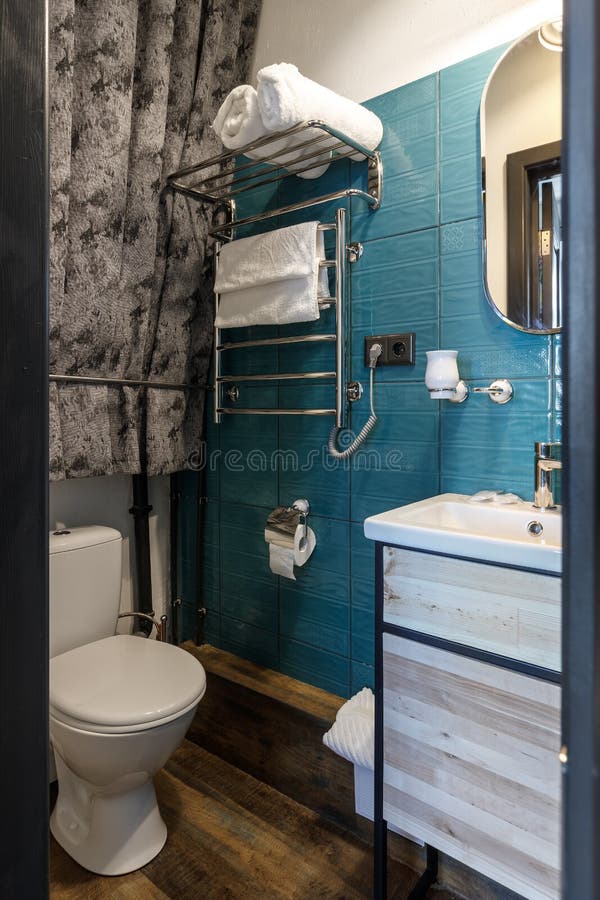 Modern Small Bathroom Interior Design. Blue Style Stock Image - Image ...