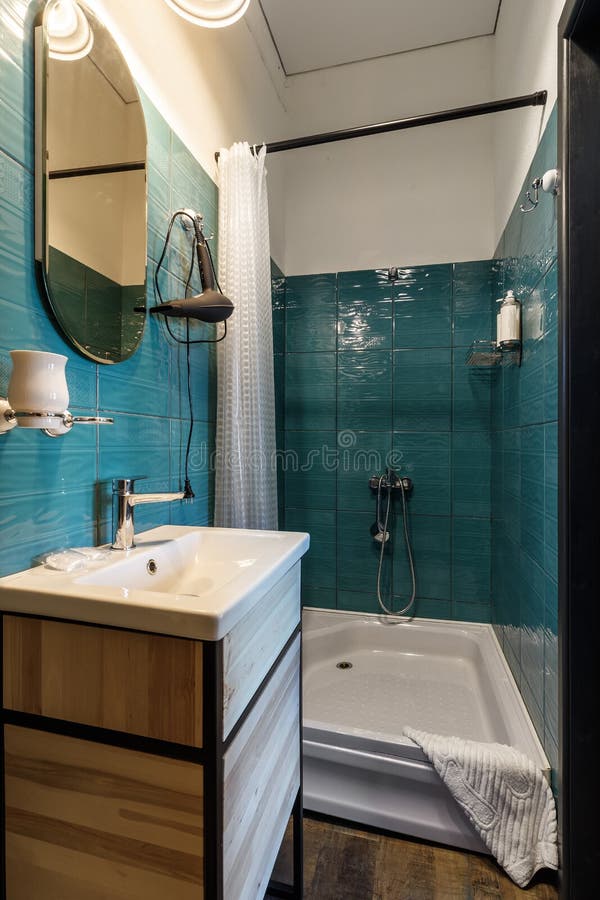 Modern Small Bathroom Interior Design. Blue Style Stock Photo - Image ...