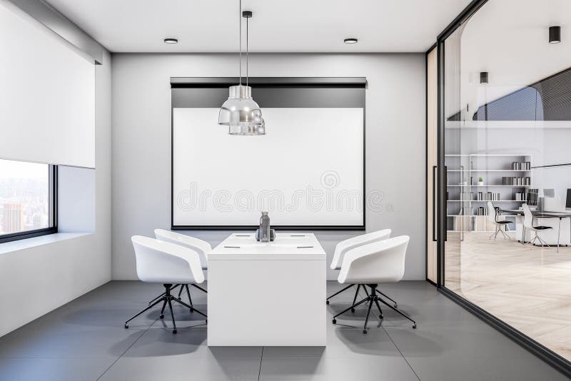 Modern Small Whiteboard Room Design with Concrete Floor and Glass Wall ...