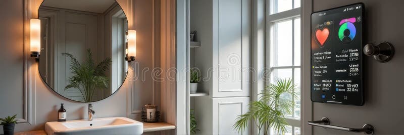 Modern Smart Bathroom with Health Tracker and Stylish Mirror Stock ...