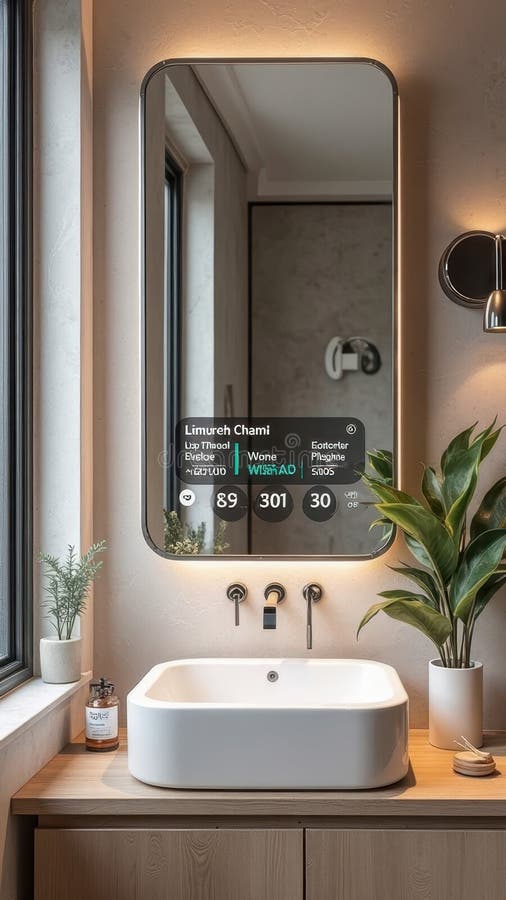 Modern Smart Bathroom Mirror with Digital Interface and Minimalist Sink ...
