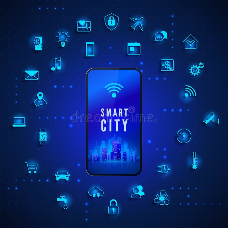 Smart City Or IOT Concept. Road Leading To City Landscape In Blue Color ...