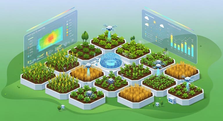 Modern Smart Farming Concept with Drone Technology, Data Analysis, and Various Crops Growing in ...