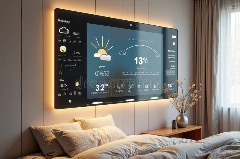 Modern Smart Home Bedroom with Digital Display Panel Showing Weather ...