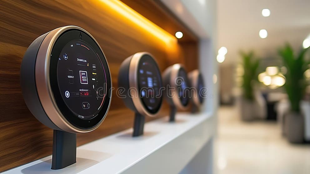 Modern Smart Home Climate Control Displays Mounted on a Shelf Stock ...
