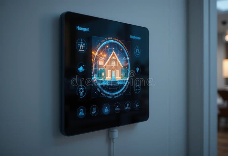 Modern Smart Home Control Panel Displaying Security and Energy Management Features Stock ...