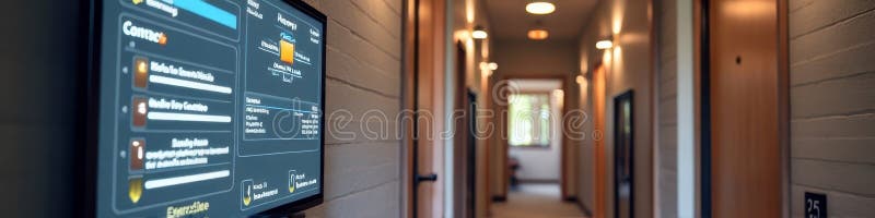 Modern Smart Home Corridor with Digital Control Panel Displaying Energy ...
