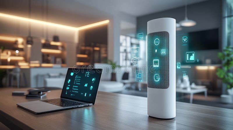 Modern Smart Home Device with Laptop in Stylish Living Room Setting ...