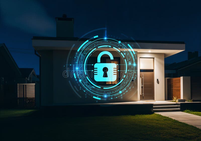 Modern Smart Home with Digital Lock Security System at Night Stock ...