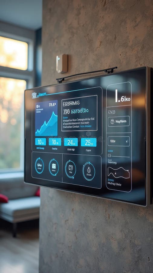 Modern Smart Home Energy Dashboard Display on Wall Screen in Bright ...