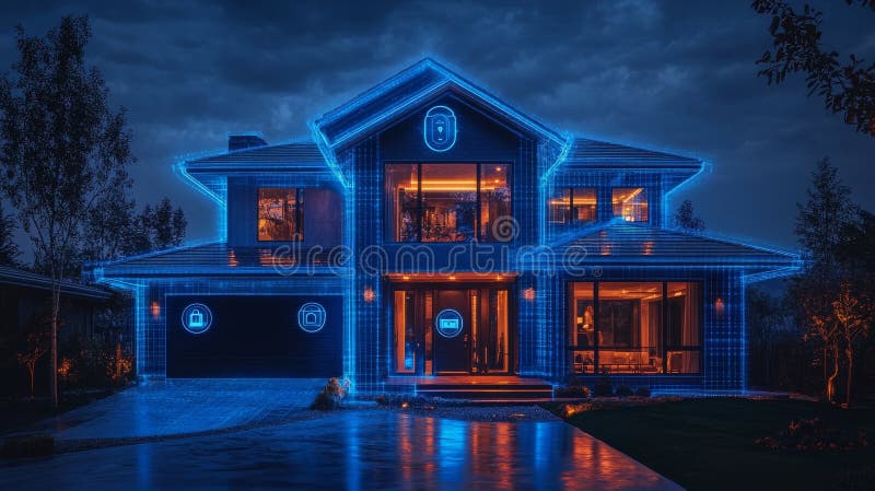 Modern Smart Home Exterior Glowing Blue at Night with Security Features ...