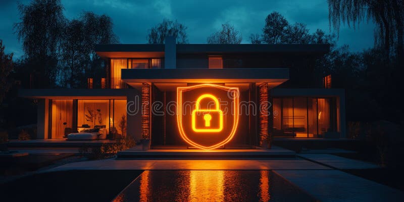 Modern Smart Home Protected by Digital Security Shield Stock ...