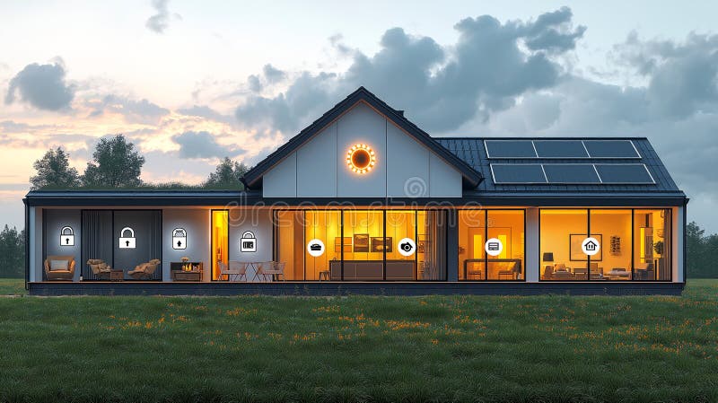 Modern Smart Home with Highlighted Security Icons and Solar Panels ...