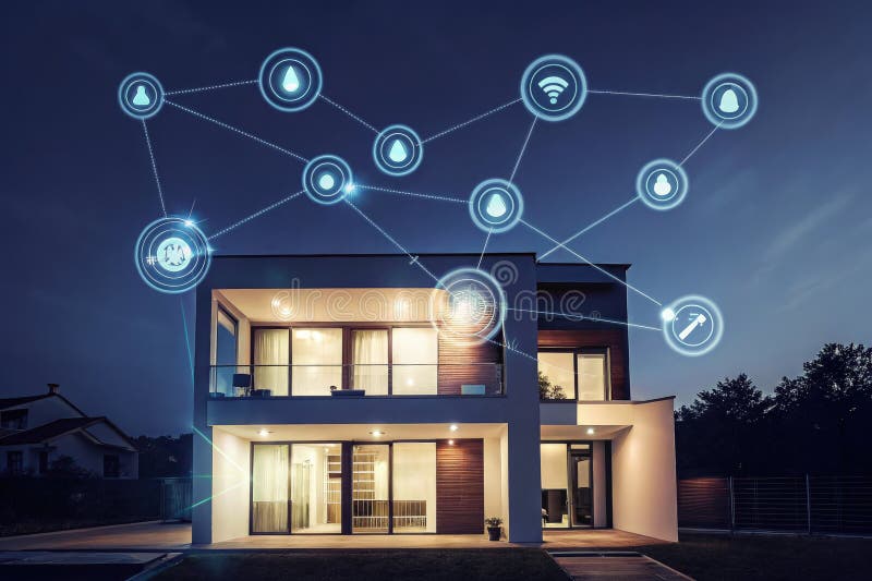 Smart Home Network Showing Connected Devices Illuminated at Night ...