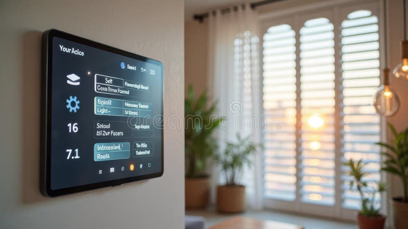 Modern Smart Home Interface in Cozy Living Room with Sunset Stock Photo ...