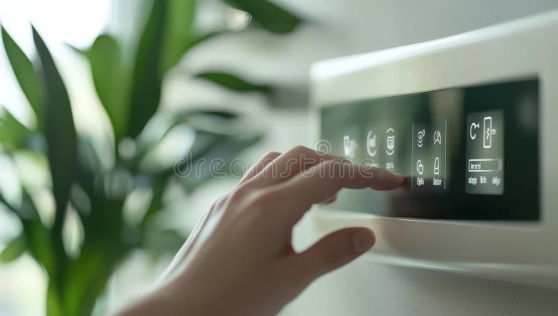 Modern Smart Home Interface Panel with Hand Touching Screen in Green ...