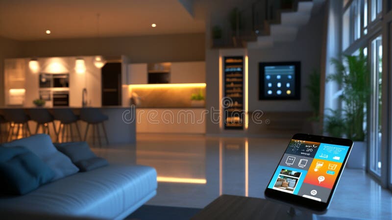 Modern Smart Home Interior Design Tablet Control Panel Evening Lighting ...