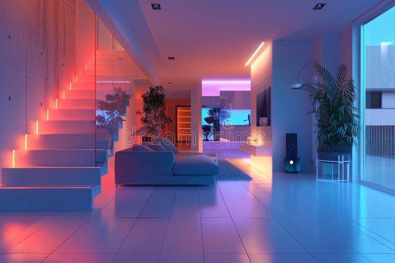A Modern Smart Home Interior Featuring AI-driven Devices Like Voice ...