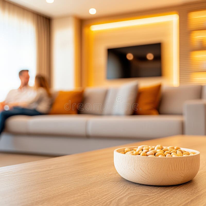 Modern Smart Home Interior Featuring a Bowl of Nuts on a Table with a ...