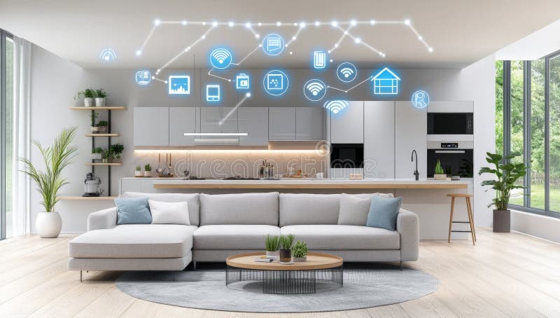 Modern Smart Home Interior with Kitchen and Living Room Featuring ...
