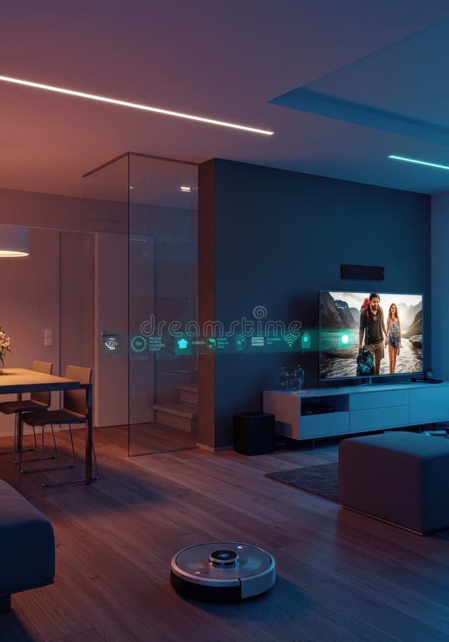 Modern Smart Home Interior with Robot Vacuum and Ambient Lighting Stock ...