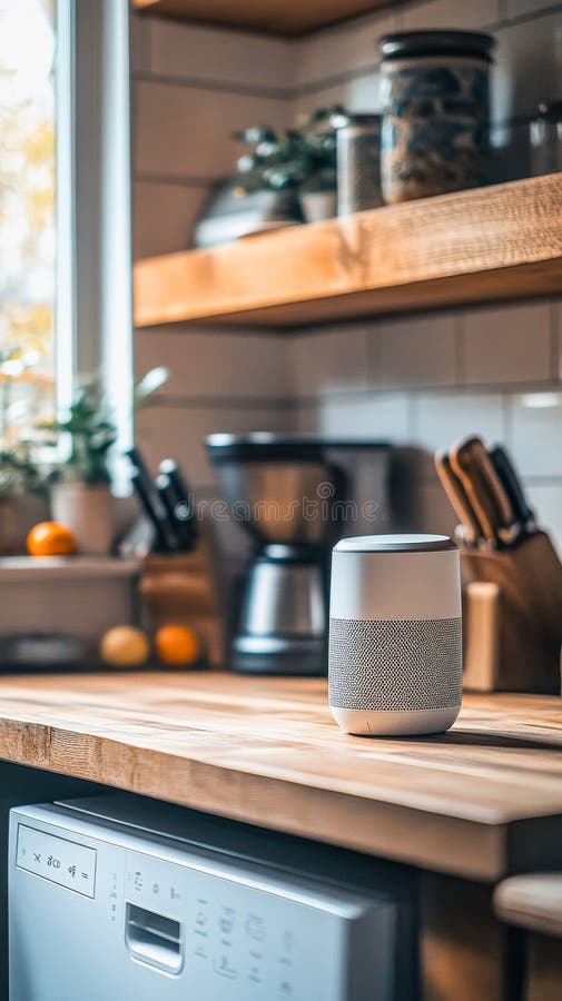 Modern Smart Home Kitchen with Ai Powered Device on Wooden Countertop ...