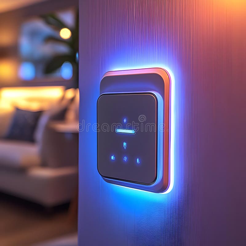 Modern Smart Home Light Switch with Blue Glowing Outline - Realistic ...