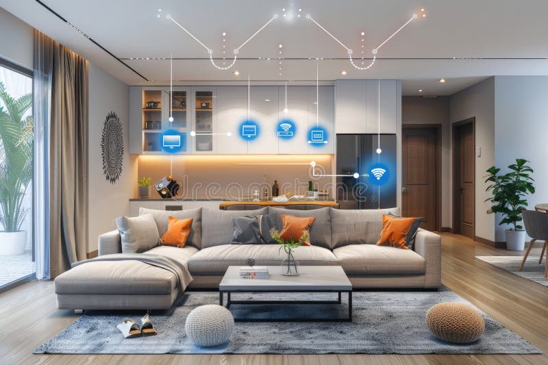 Modern Smart Home Living Room with Connected Devices and Digital Home ...