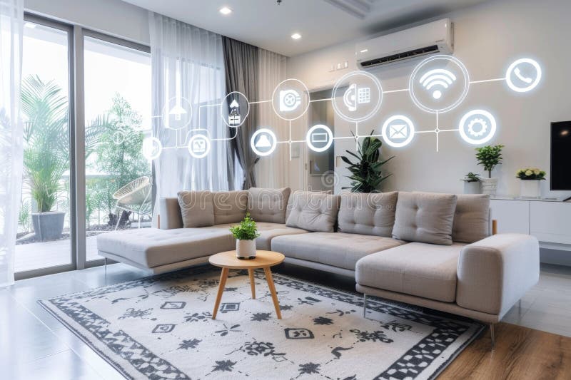 Modern Smart Home Living Room with Connected Devices and Digital Home ...